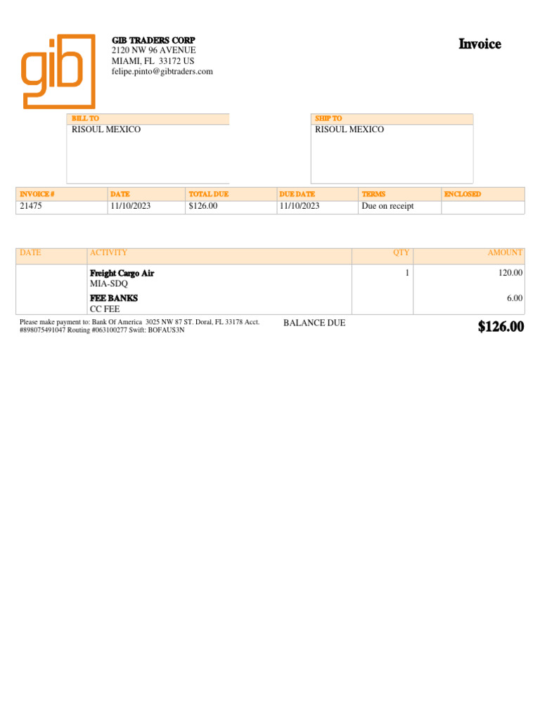 Invoice 21475 From Gib Traders Corp | PDF