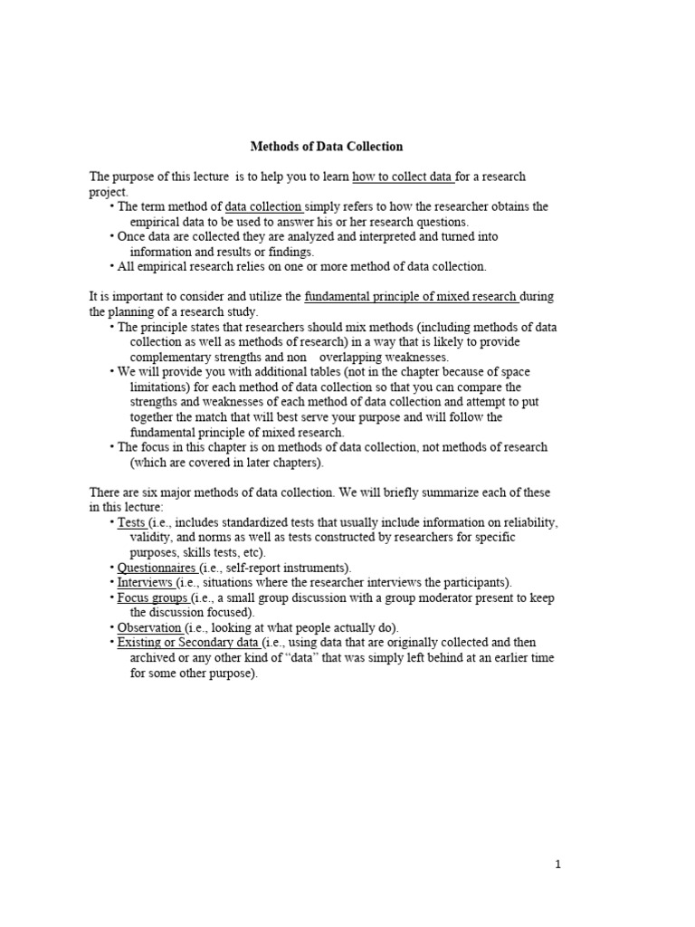 A Summary of Methods of Data Collection | PDF | Focus Group | Survey Methodology