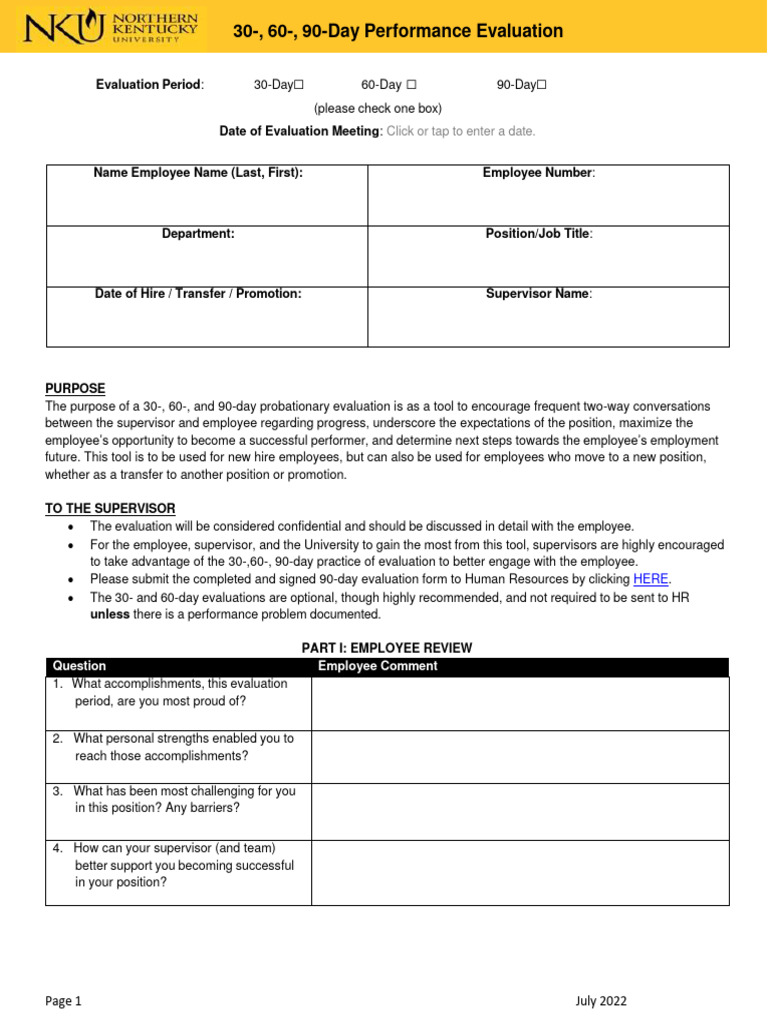 30-60-90 Day Evaluation Guide | PDF | Employment | Performance Appraisal