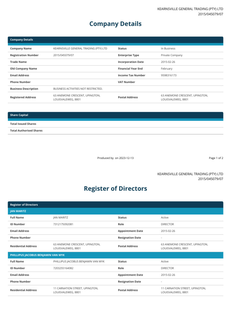 KEARNSVILLE GENERAL TRADING (PTY) LTD - Full Statutory Registers On ...