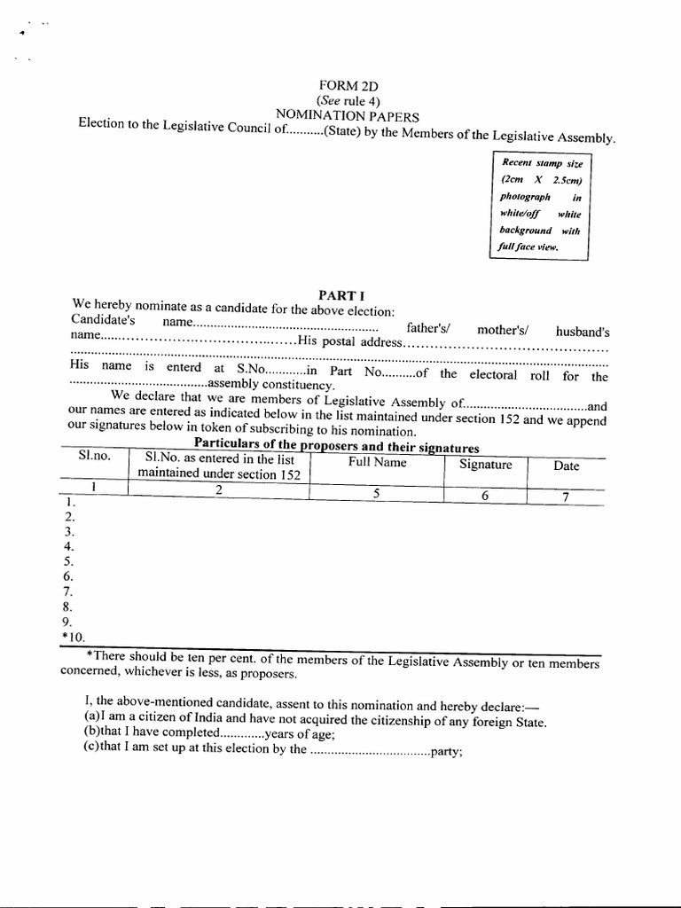 Form 2D - Nomination Paper For Council Elections (By MLAs) | PDF ...