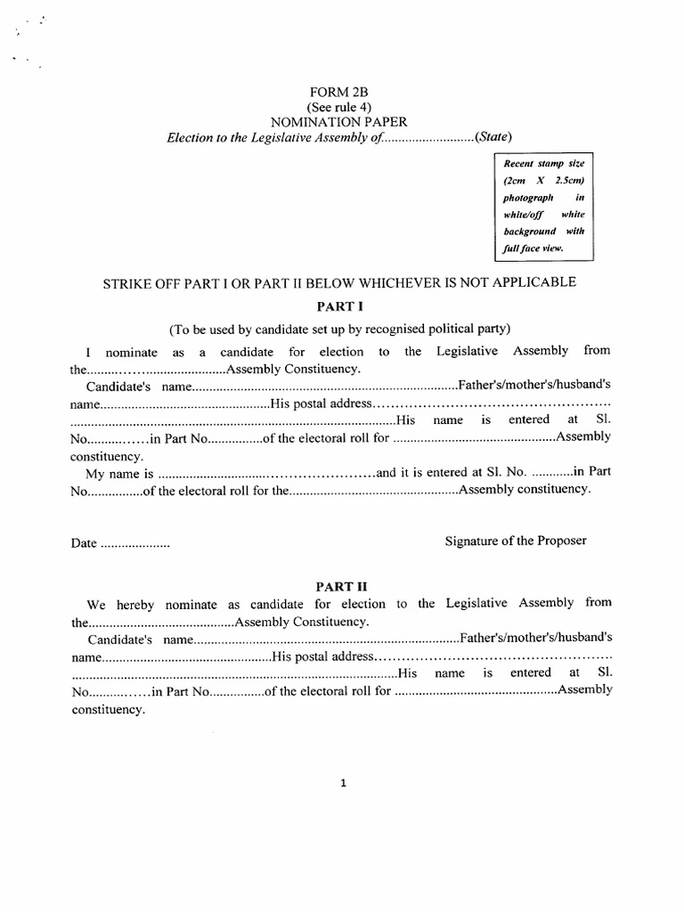 Form 2B - Nomination Paper For Legislative Assembly Elections | PDF ...