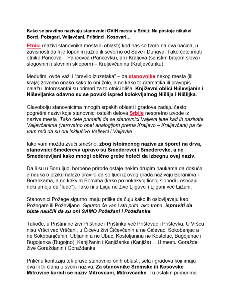 Kako Se Pravilno Nazivaju Stanovnici OVIH Mesta U Srbiji | PDF
