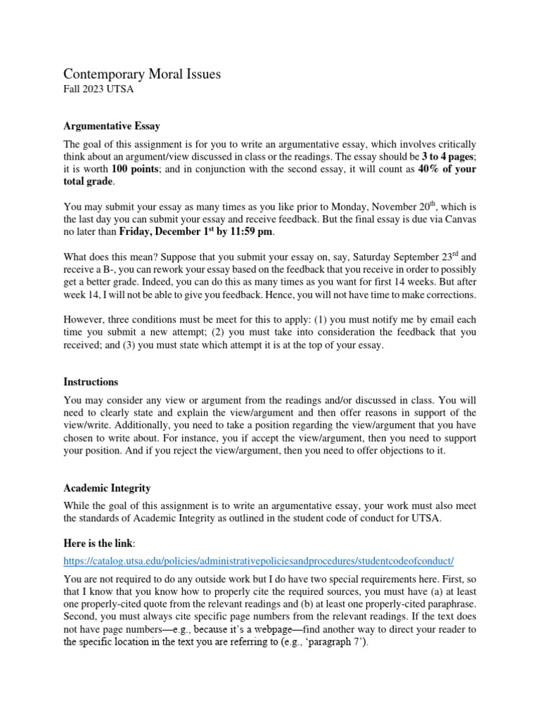 Argumentative Essay Assignment UTSA Summer 2023 Stratman CMI | PDF ...