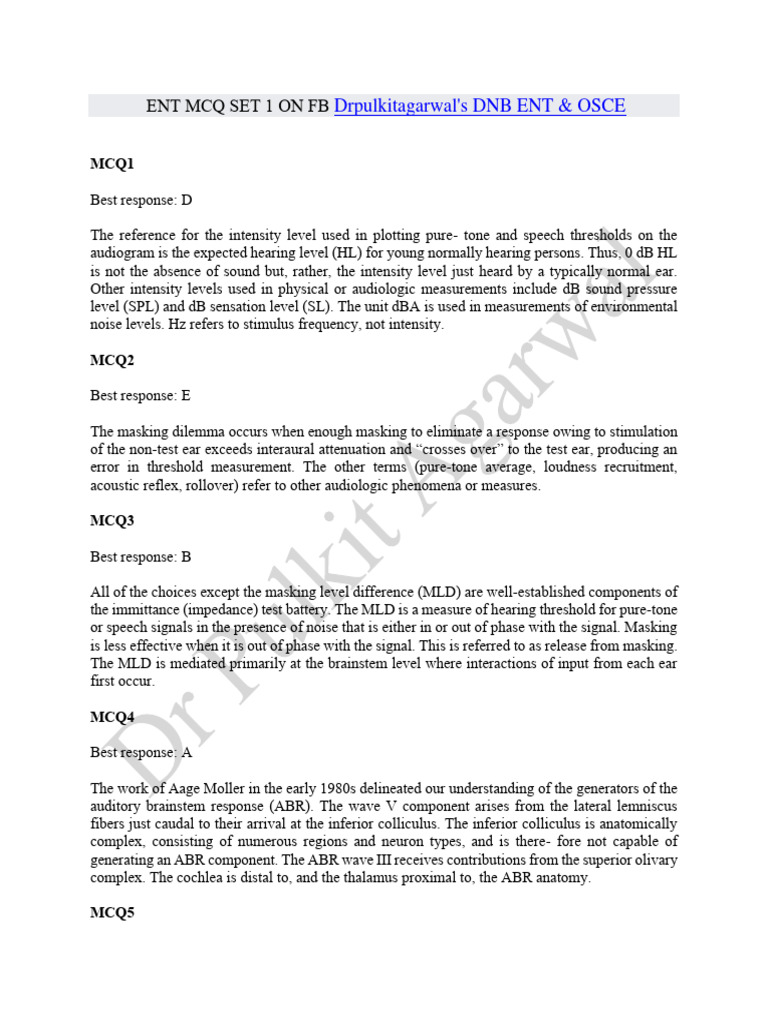 Ent MCQ Set 1 Answers | PDF | Hearing Aid | Hearing