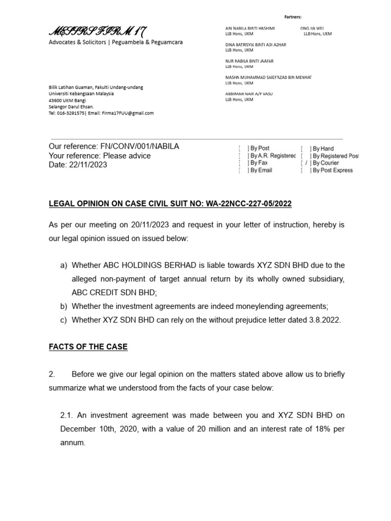 Legal Opinion on XYZ SDN BHD Case | PDF | Piercing The Corporate Veil ...