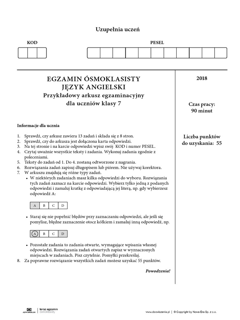 Przyk Adowy Arkusz Egzaminacyjny Dla Uczni W Klasy 7. | PDF