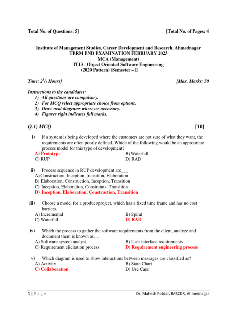 Object Oriented Software Engineering Solved Question Paper by MCA ... Object Oriented Software Engineering Solved Question Paper by MCA ...