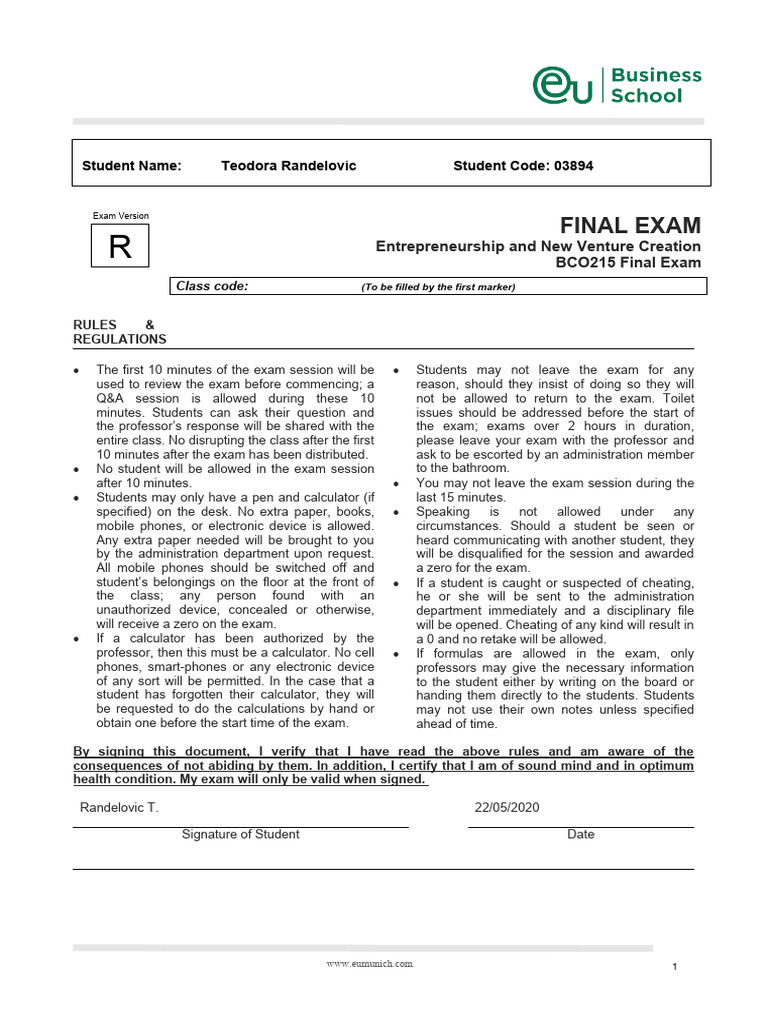 BCO215 Resit Exam Entrepreneurship and New Venture Creation | PDF ...