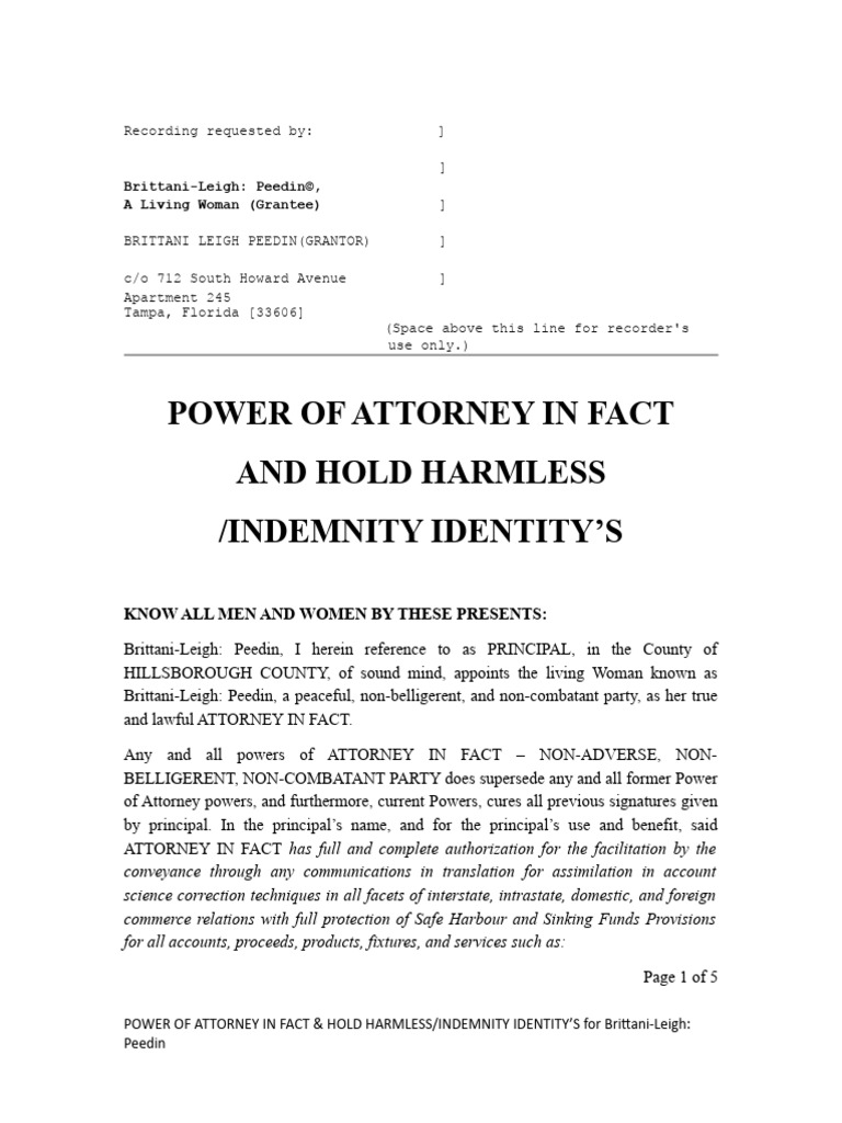 Power of Attorney (POA) - Hold Harmless & Indemnity/Identity's Agreement | PDF | Trust Law ...