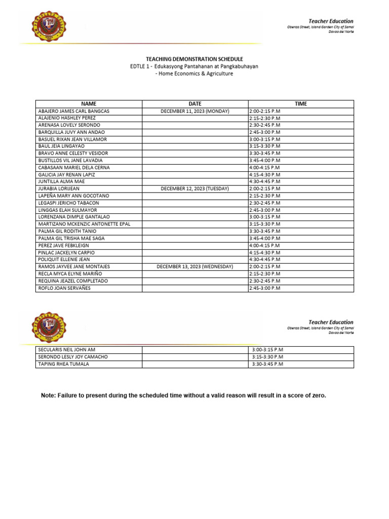 Teacher Education Demo Schedule 2023 | PDF
