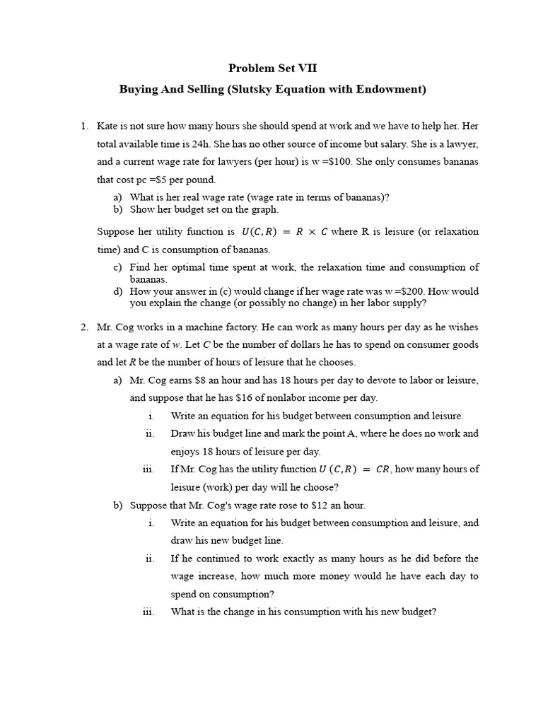 Problem Set VII Buying and Selling (Slutsky Equation With Endowment) | PDF | Labour Economics ...