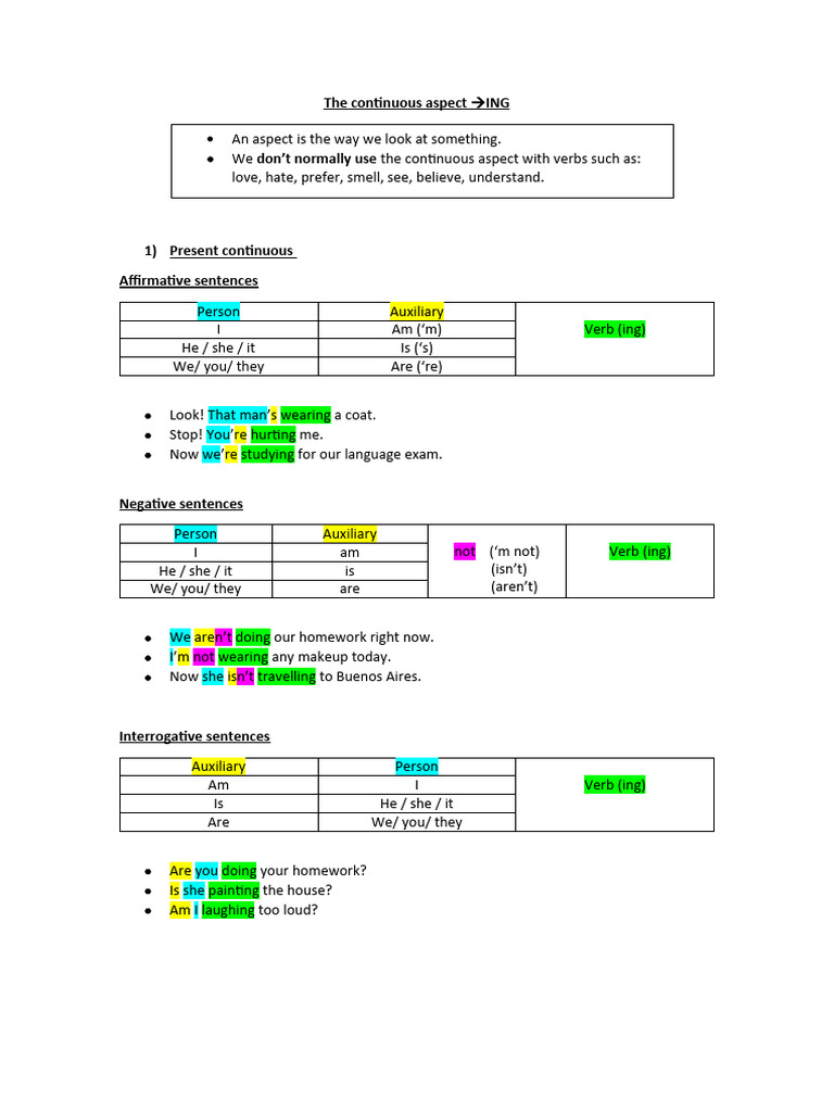The continuous aspect (solved) (1) | PDF | Language Mechanics | Grammar