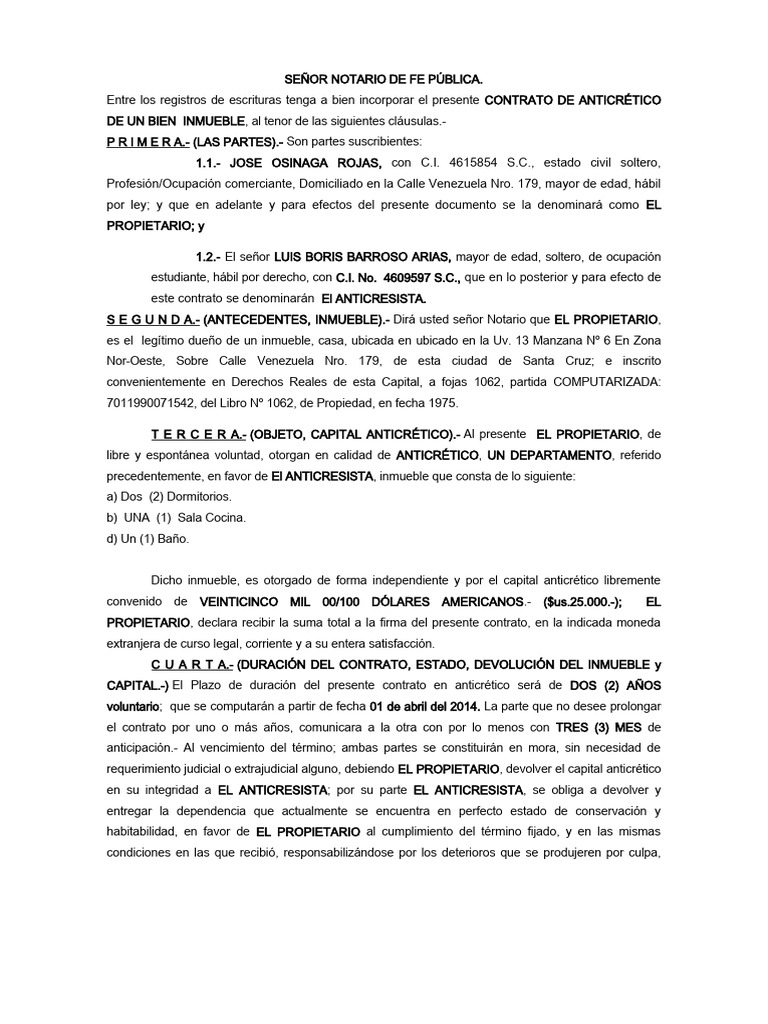 Contrato de Anticretico Jose Osinaga y Boris Barroso | PDF | Propiedad ...