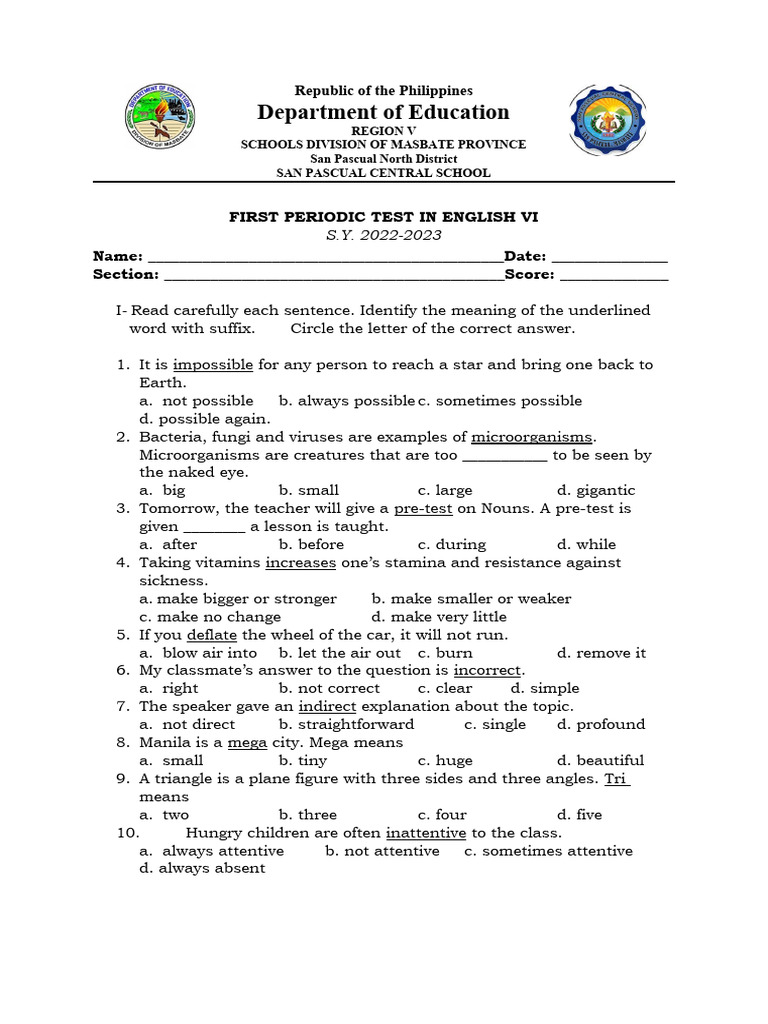 English 6 First-Grading-Exams | PDF | Plural | Linguistics