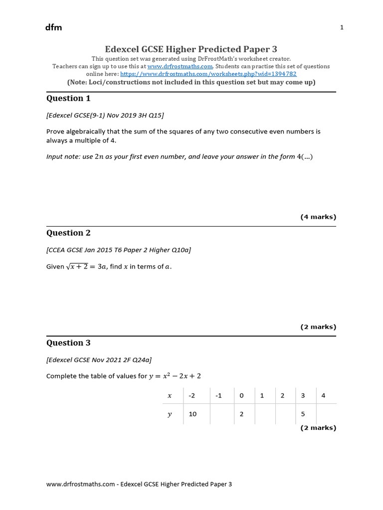 DR Frost Edexcel GCSE Higher Predicted Paper 3 | PDF | Equations ...