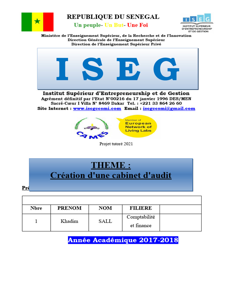Page de garde projet audit ISEG Sénégal | PDF
