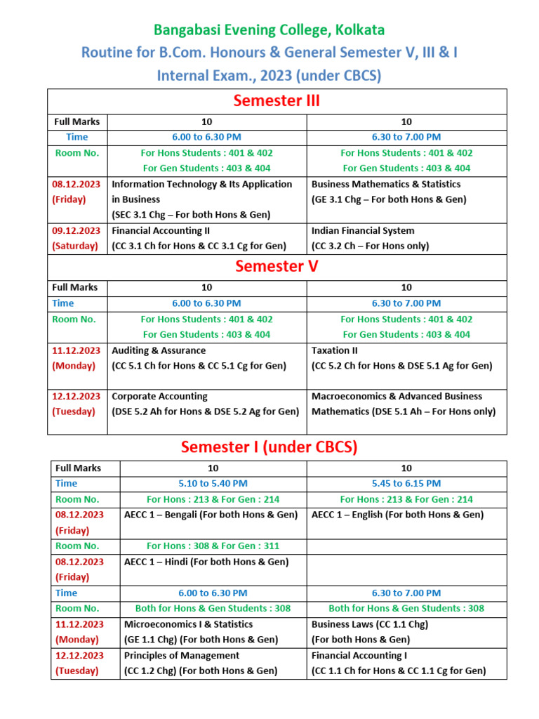 Routine For BCom CBCS Sem 1, 3 & 5 Internal Exam 2023 | PDF | Financial Economics | Service ...