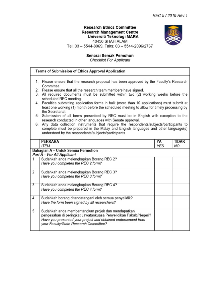 REC5 Checklist For Applicant | PDF | Clinical Research | Health Research