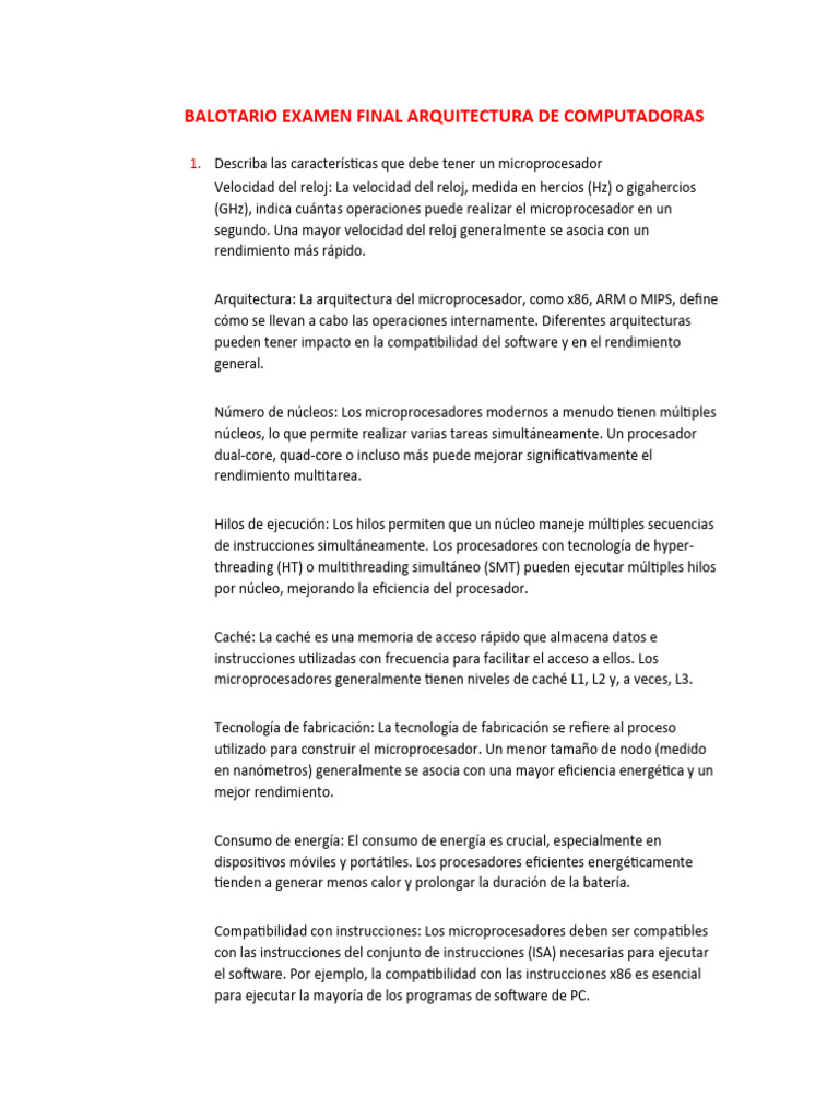 Balotario Examen Final Arquitectura Computadoras | PDF | Red de computadoras | Microprocesador