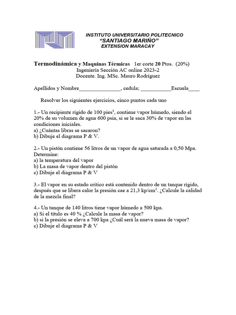 Exm Termo I IUPSM 1er Corte 20% Onlime 2023-2 | PDF