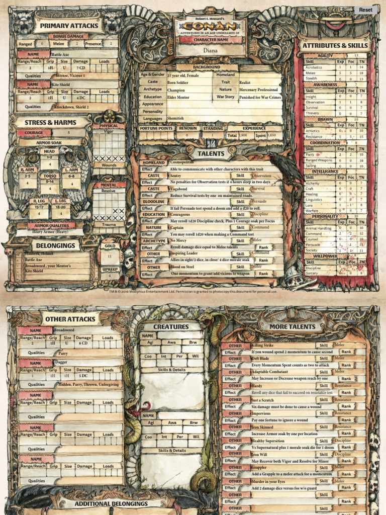 Aaa Conan Character Sheet - Inked Form Fillable Sarah Outlaw Knight ...