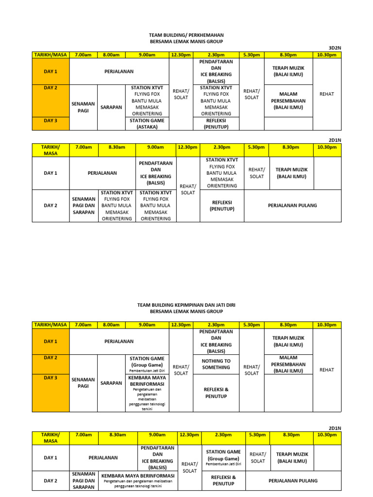 JADUAL TEAM BUILDING DAN PERKHEMAHAN LMG 2023 | PDF