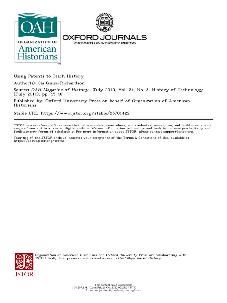 Using Patents To Teach History Oxford | PDF | Patent | Invention