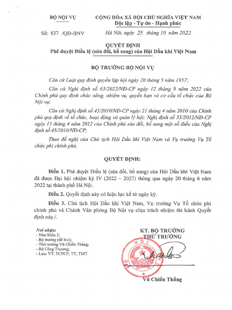 Qđ Số 837 Bnv Điều Lệ Vpa 2022 | PDF