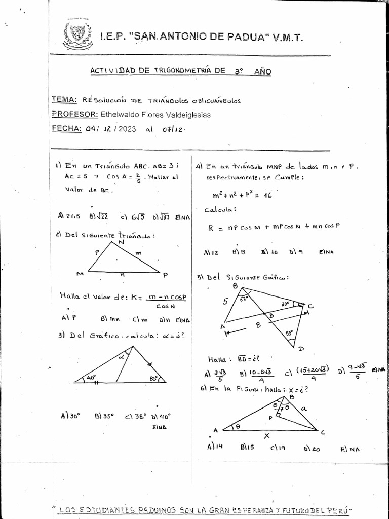 ACTIVIDAD TRIGO 3 RESOLUCION TRIANG. OBLICUANGULOS | PDF