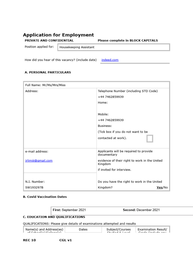 Housekeeping Assistant Application Form | PDF | Employment | Justice