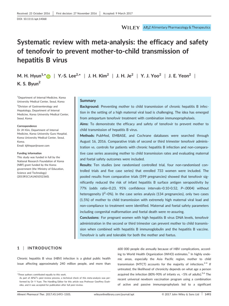 Hyun et al. 2017 - Efficacy and safety of TDF to prevent MTCT of HBV ...