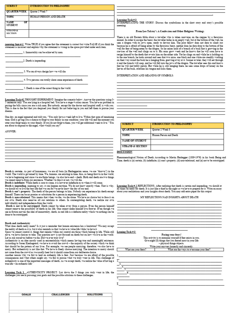 Intro To Philo Task Sheet Week 7 and 8 Qtr.2 | PDF | Death ...