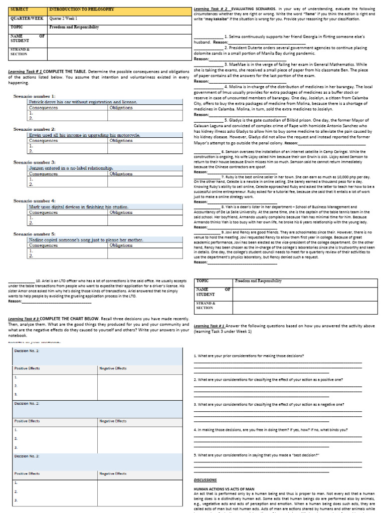 Intro To Philo Task Sheet Week 1 and 2 Qtr.2 | PDF | Free Will | Reason