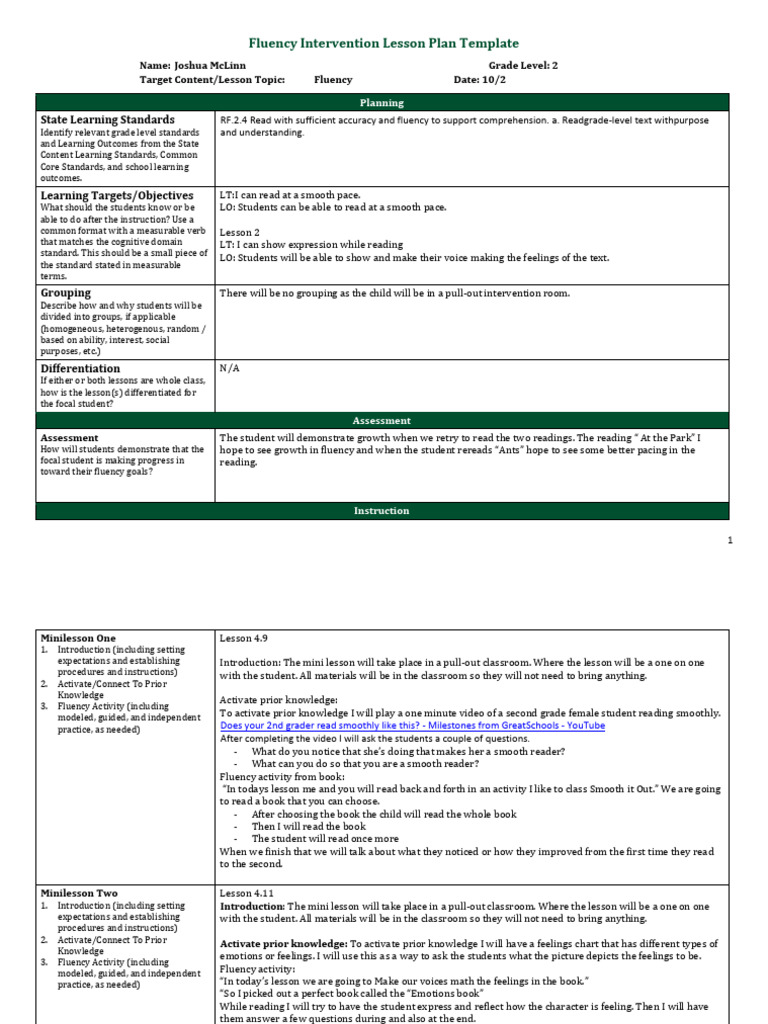 assessing and teaching fluency mini lesson template 1 -merged | PDF ...
