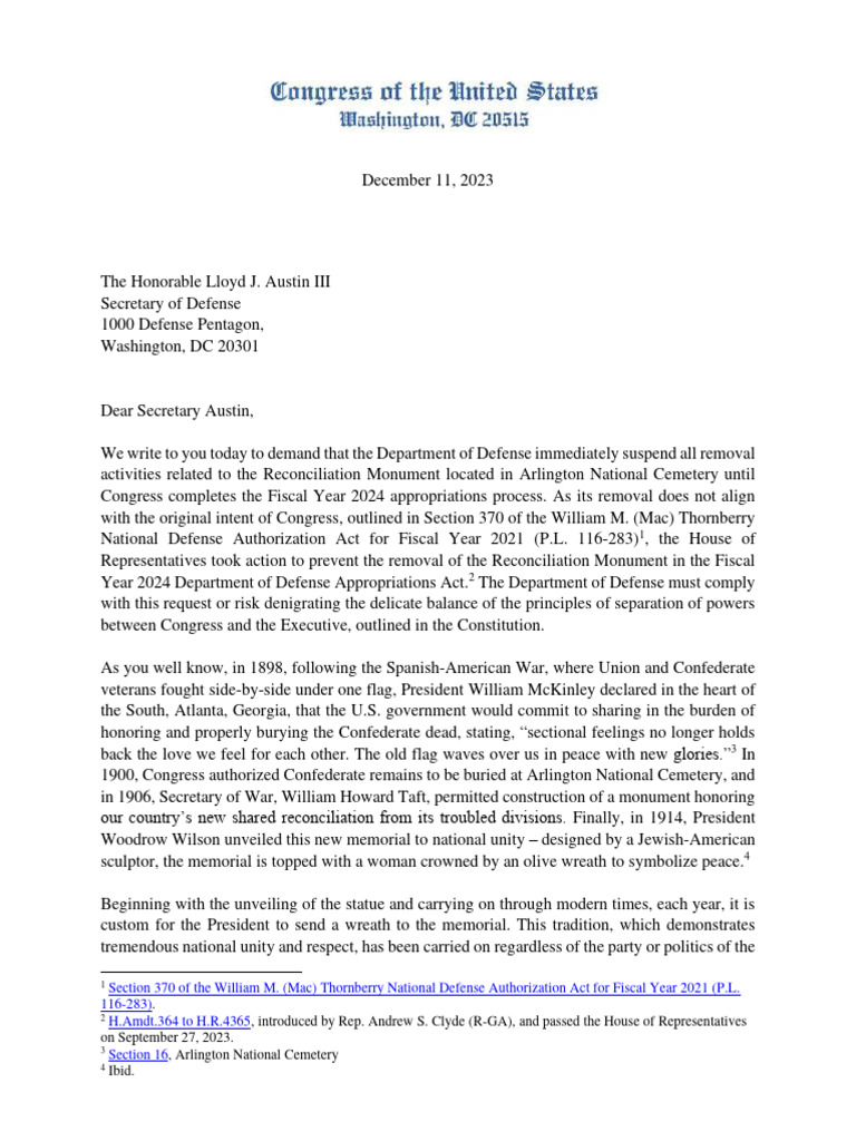 Clyde SECDEFLetter Reconciliation-Monument SIGNED | PDF | Arlington ...