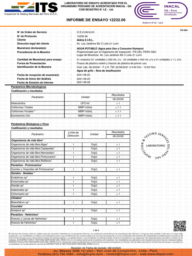 12232.06 Informes Aldria E.I.R.L. Agua Potable FINAL | PDF
