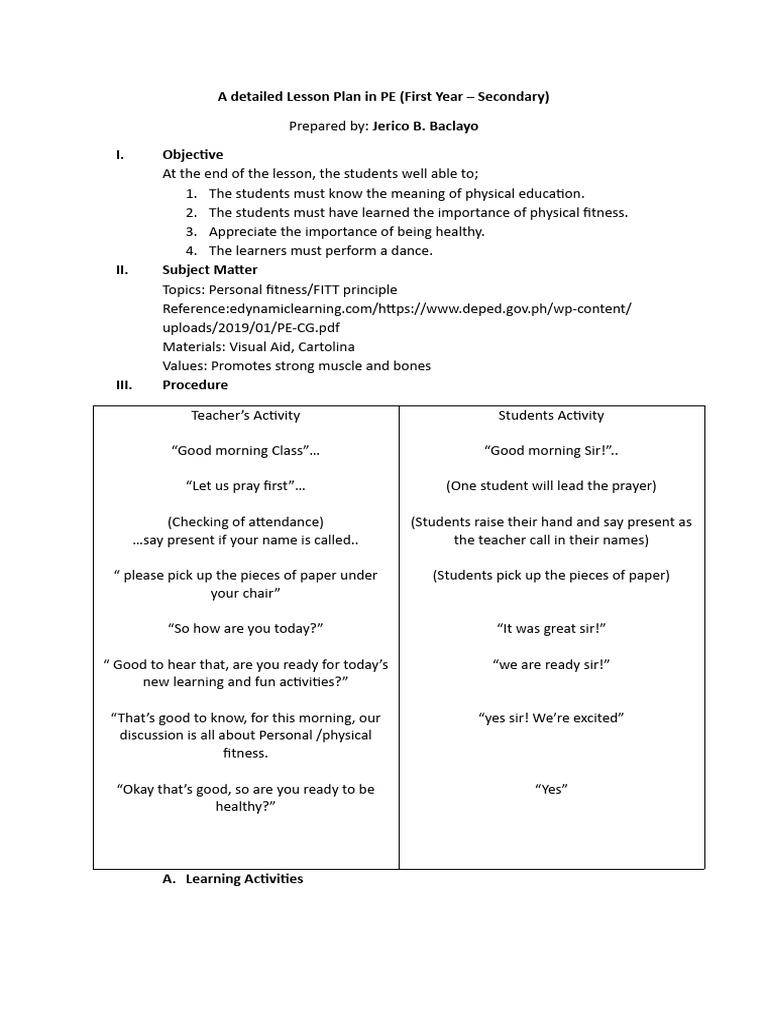 Lesson Plan Pe | PDF | Physical Fitness | Behavior Modification