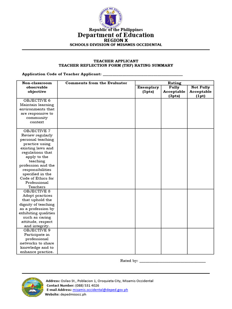 Teacher Reflection Form Rating Summary | PDF
