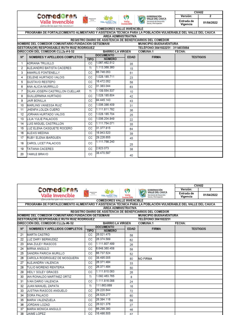 Registro de Asistencia Comedor | PDF