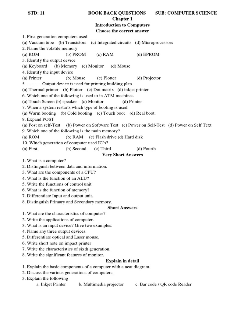 11th Computer Science Book Back Answers | PDF | Operating System ...