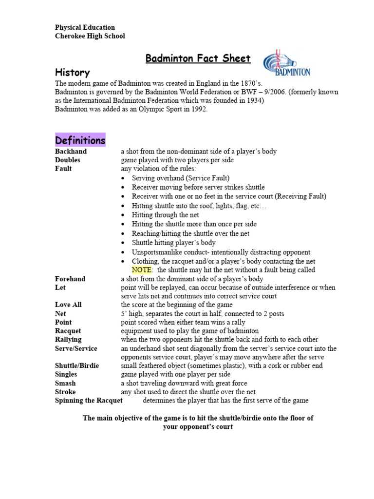 Badminton Fact Sheet 2011 | PDF | Indoor Sports | Entertainment