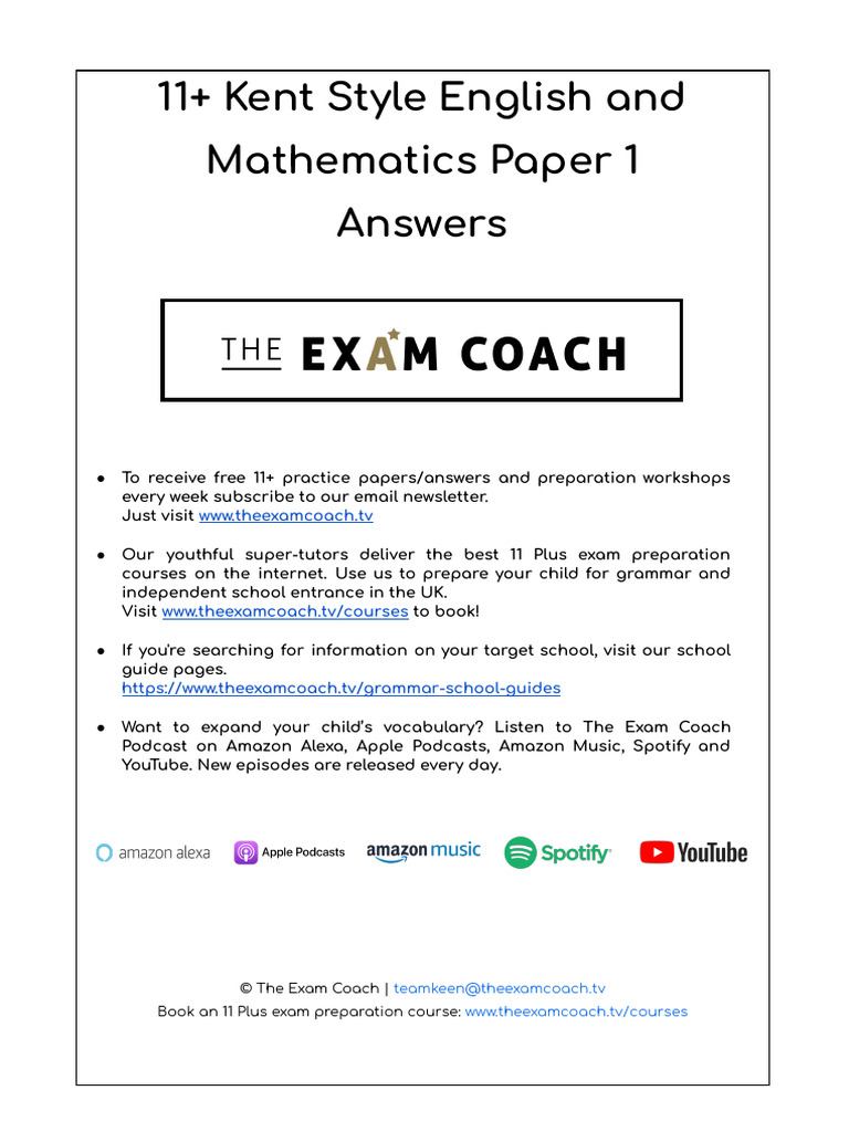 The Exam Coach 11 Kent Style English and Mathematics Paper 1 Answers | PDF