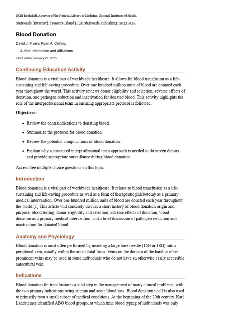 Blood Donation - StatPearls - NCBI Bookshelf | PDF | Blood Donation ...
