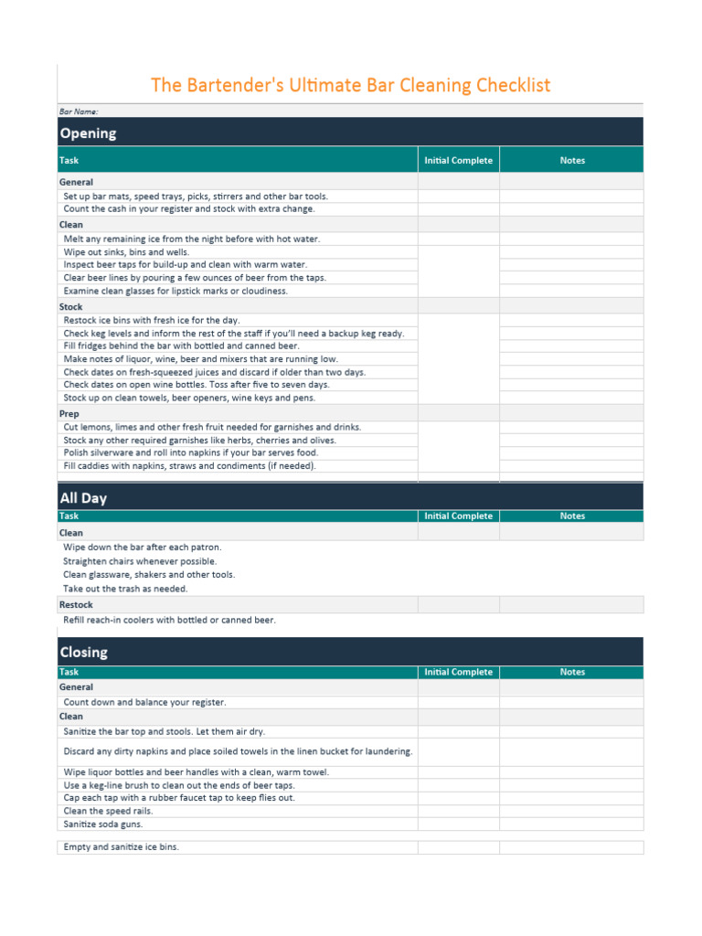 The Bartender's Ultimate Bar Cleaning Checklist: Opening | PDF | Beer ...