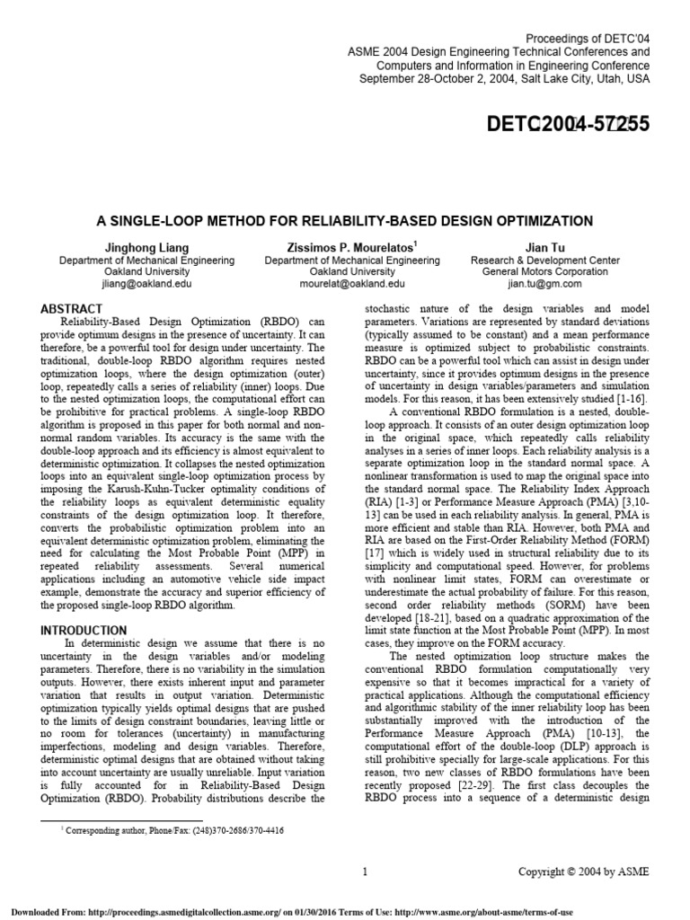 (2004) a Single-Loop Method for Reliability Based Design Optimization | PDF | Mathematical ...