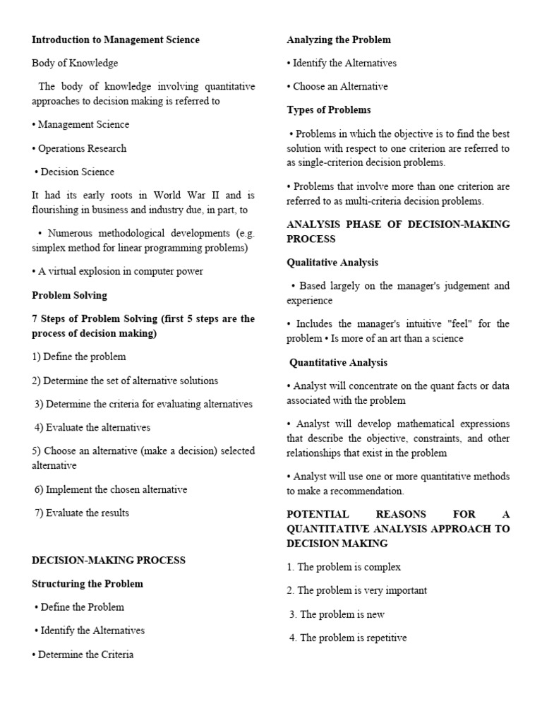 Introduction to Management Science Concepts | PDF | Decision Making ...