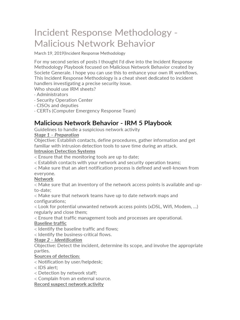 Incident Response Methodology - Malicious Network Behavior | PDF | Computer Network | Security