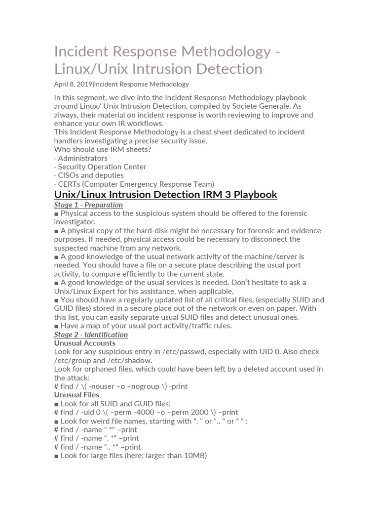 Incident Response Methodology Linux Unix Intrusion Detection Pdf Password Computer File 