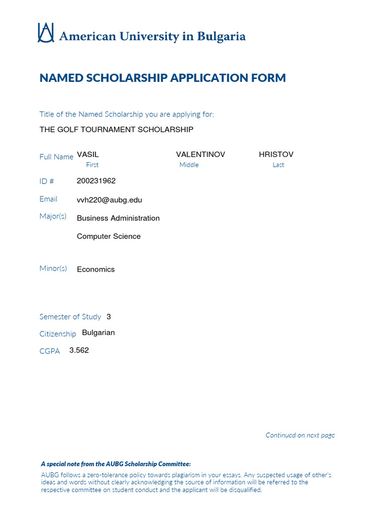 AUBG Scholarship Application Form | PDF